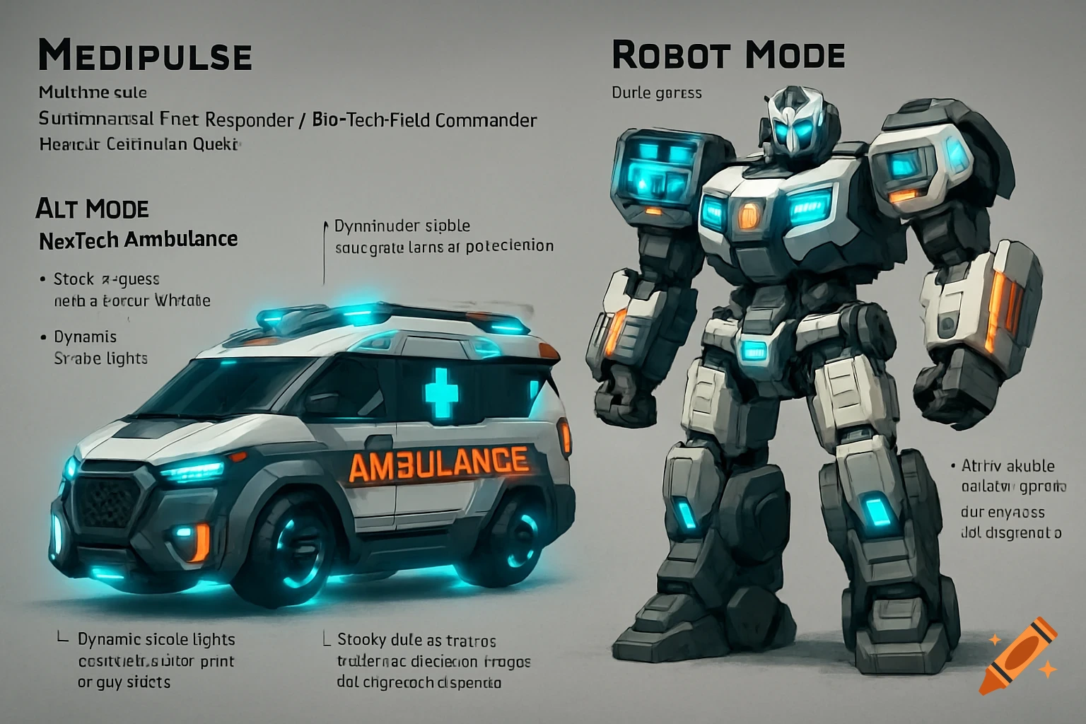 A futuristic white and grey ambulance and a large robot with glowing ...