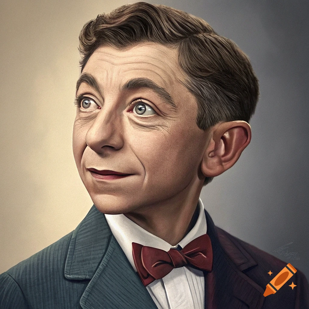 Stylized portrait of a man with exaggerated features wearing a suit and ...