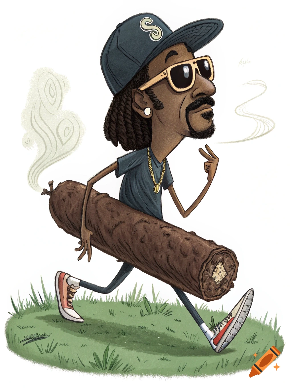 Caricature illustration of Snoop Dogg running while carrying a giant ...