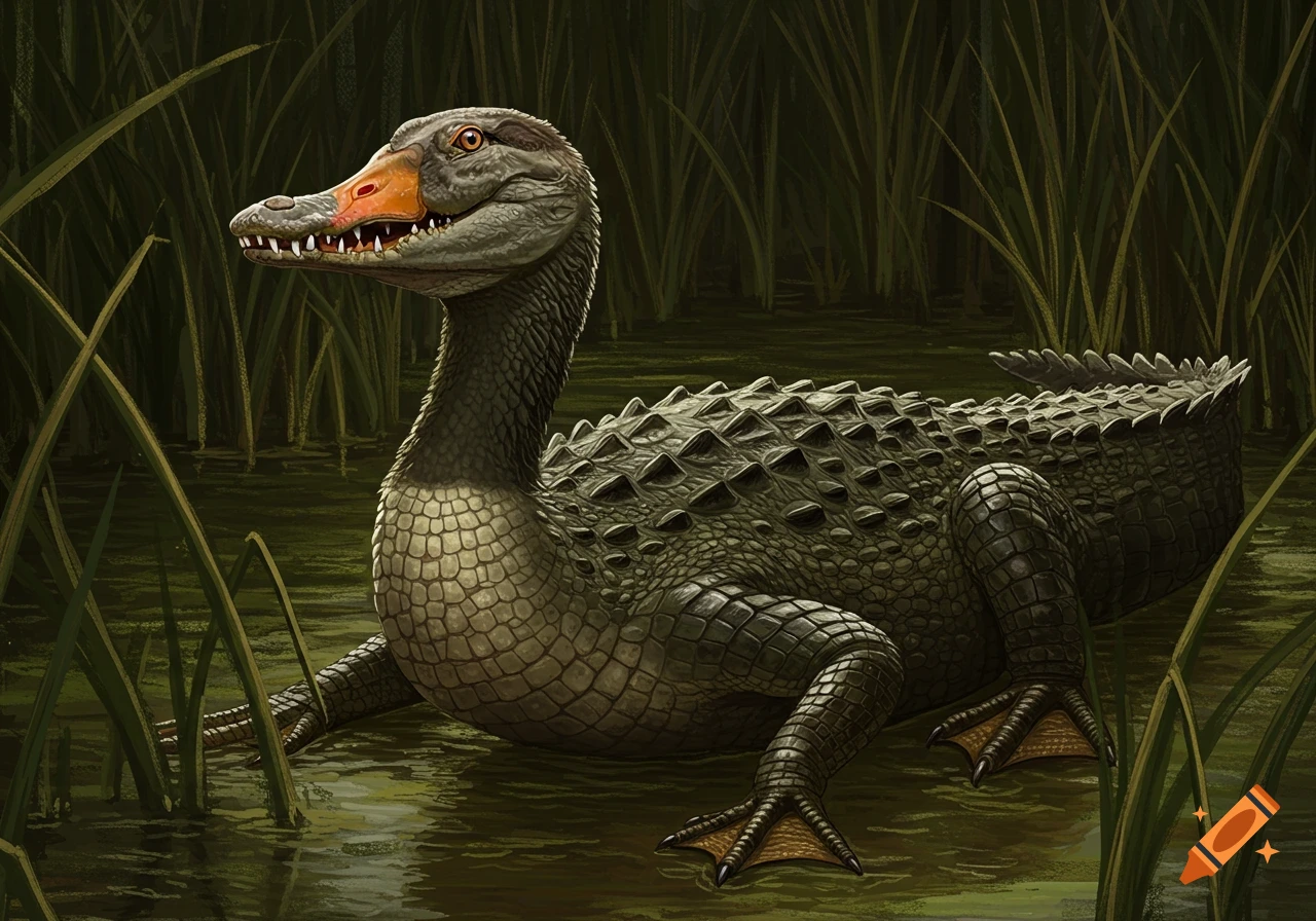 A goose-alligator hybrid creature sits in a swamp. on Craiyon