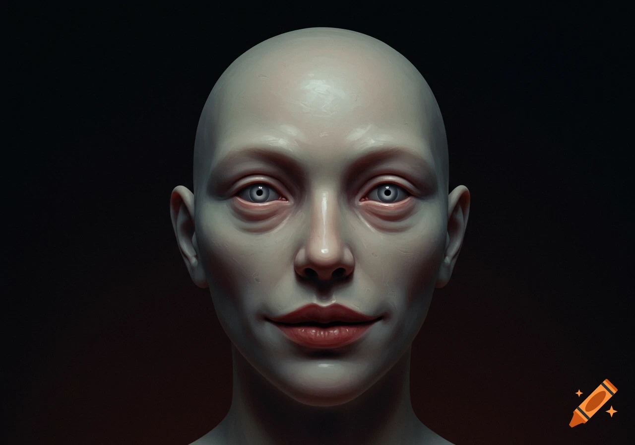 A close-up digital art portrait of a bald person with pale skin, blue ...