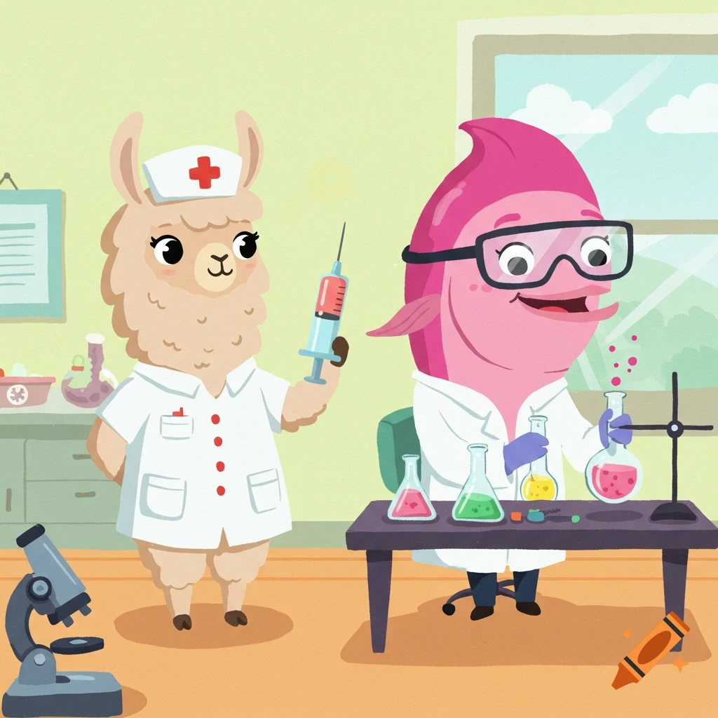 Cartoon illustration of a nurse llama with a syringe and a scientist ...