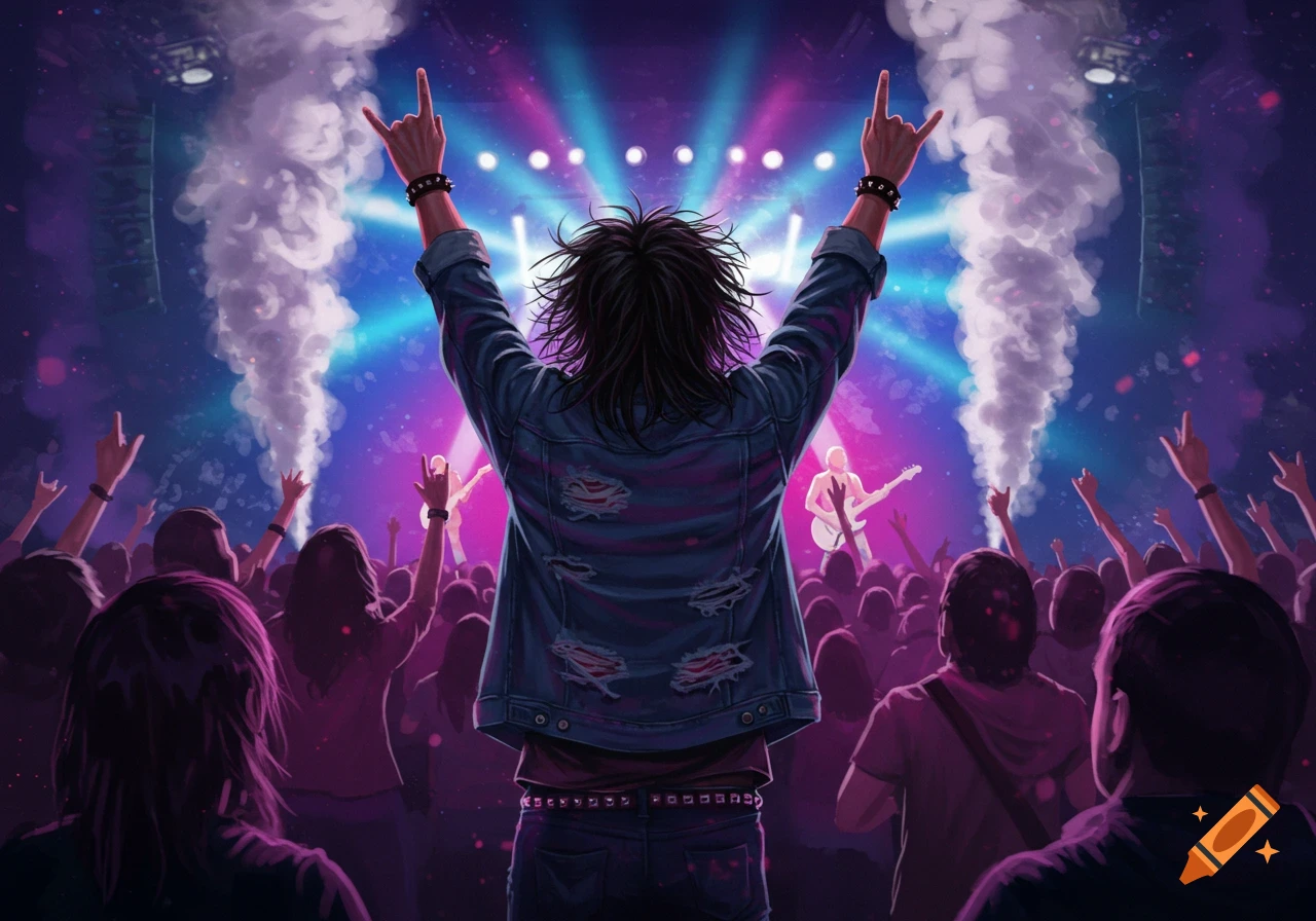 Illustration of a rock fan with arms raised at a concert with the crowd ...