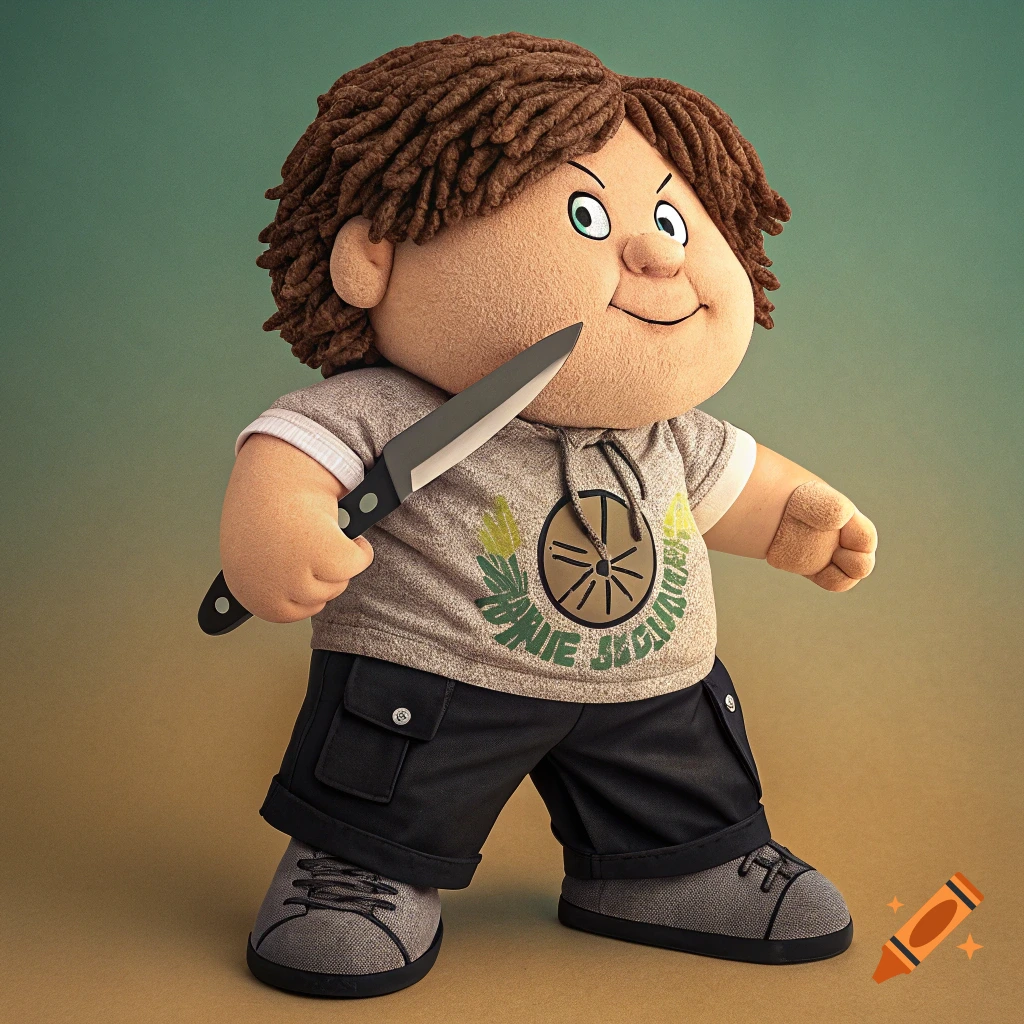 A stuffed toy doll holds a knife and has a sneer. on Craiyon