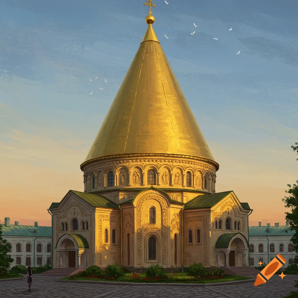 A large church building with a golden cone-shaped dome under a blue sky ...