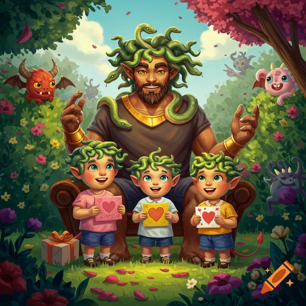 A Gorgon father sits with his three children holding cards in a garden ...