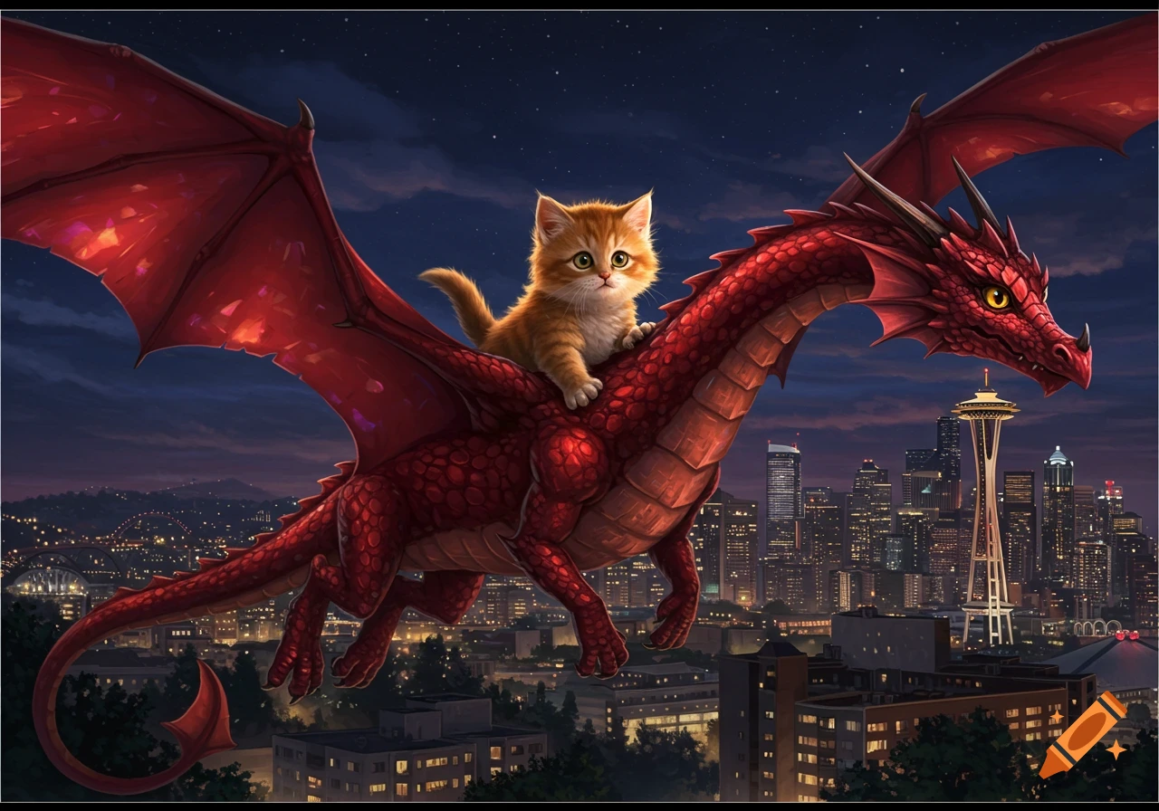 An orange kitten rides a red dragon flying over the Seattle skyline at ...