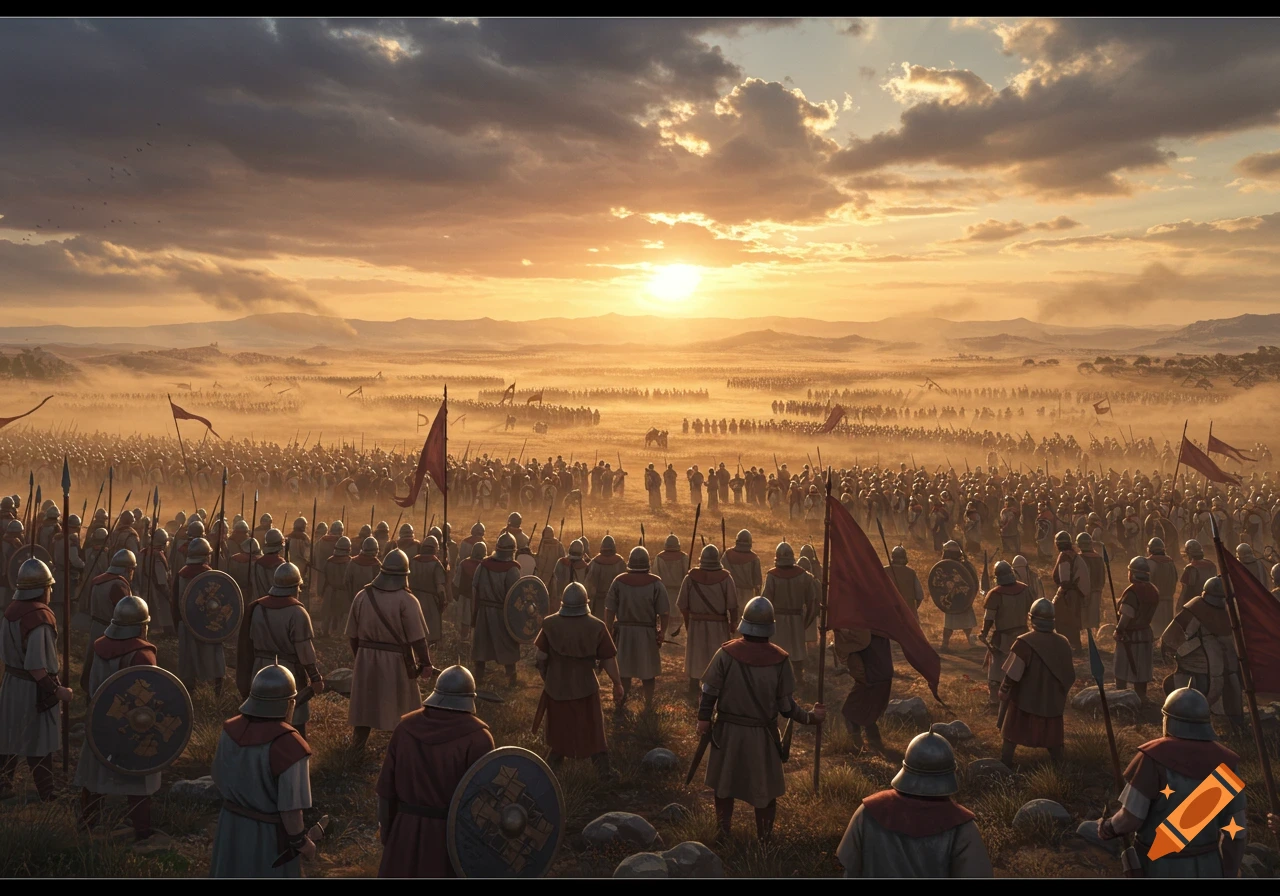 Vast armies face each other on a dusty battlefield at sunset. on Craiyon