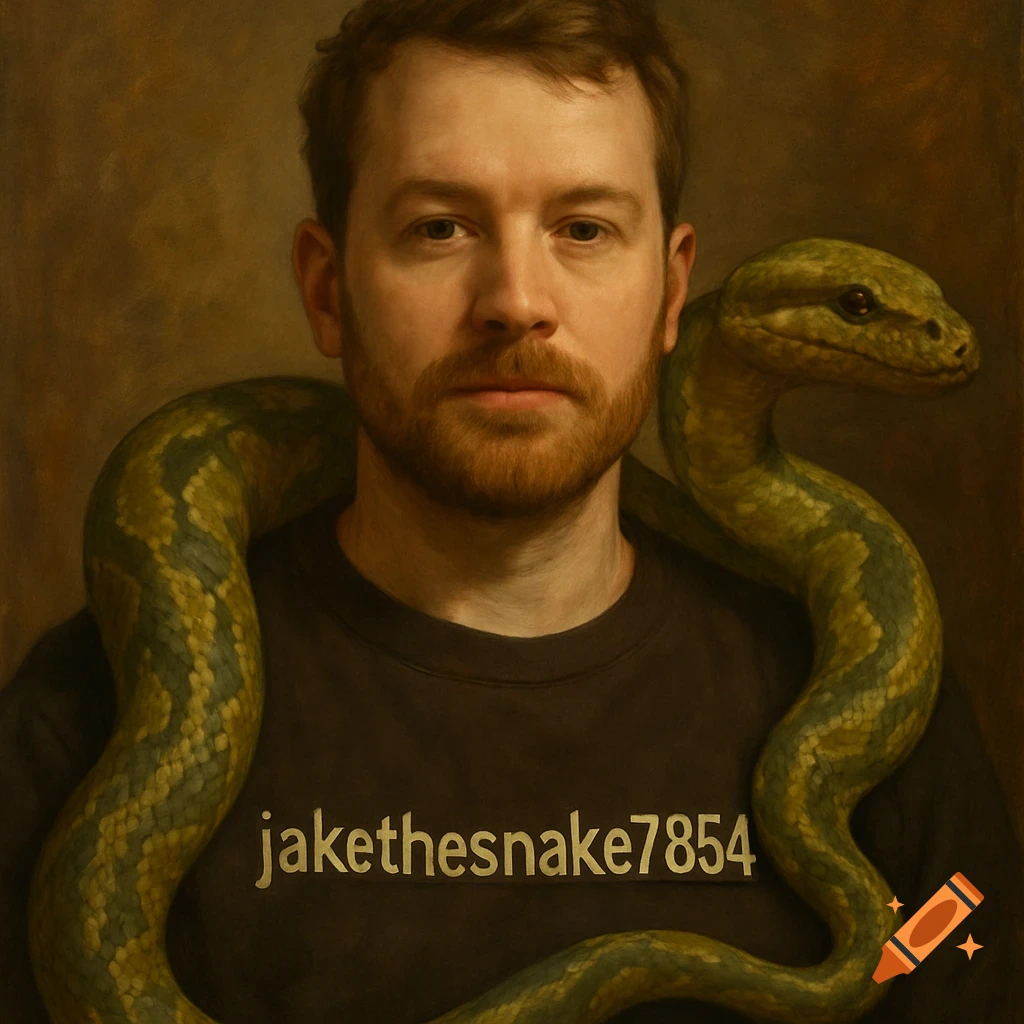 Painted portrait of a man with a snake wrapped around his neck, wearing ...