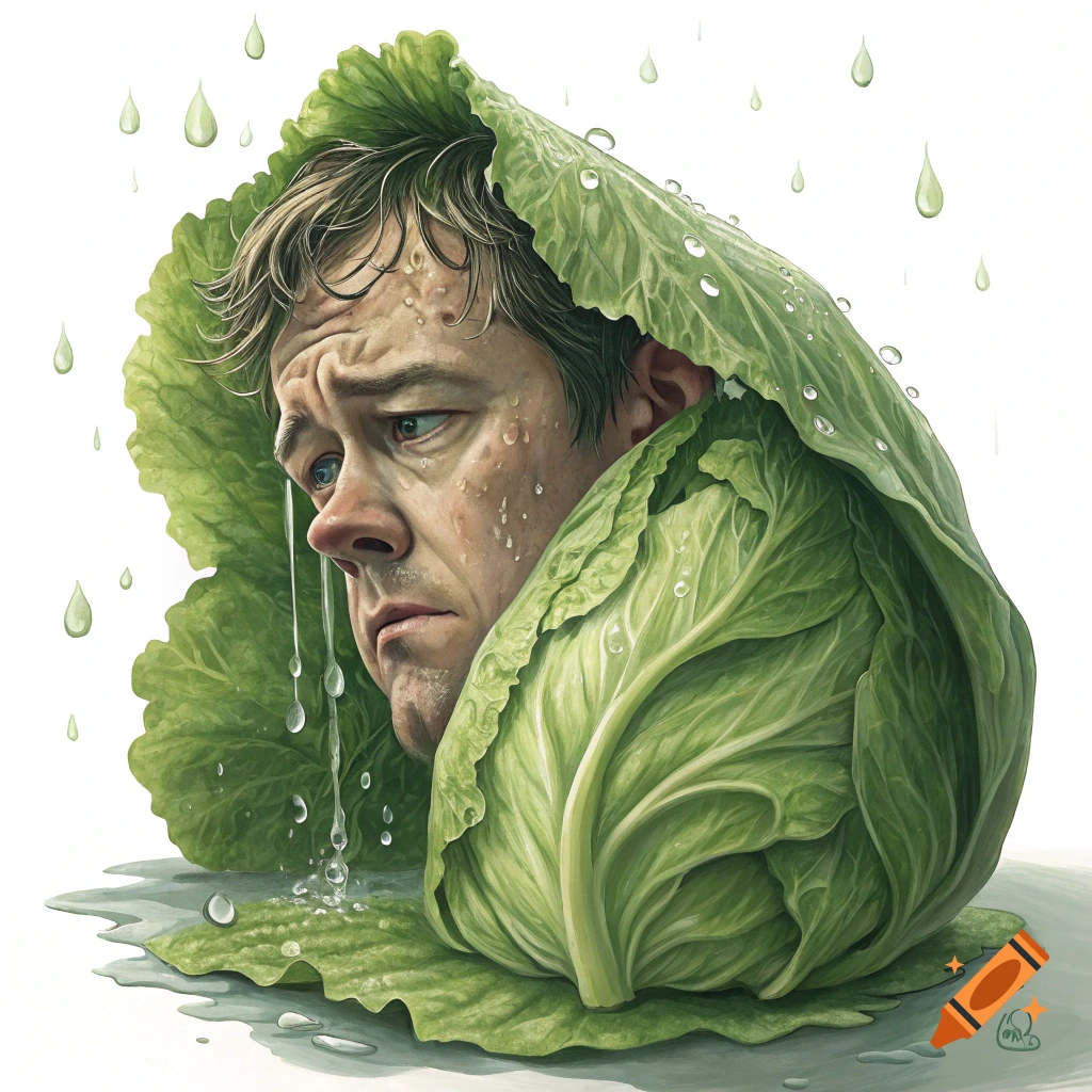 Man with a sad expression covered in wet lettuce leaves, with rain ...