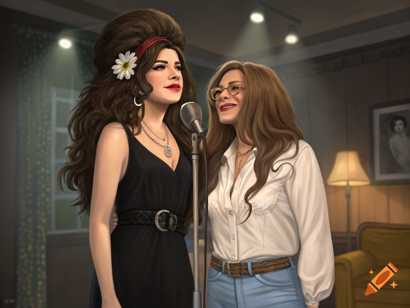 Illustration of two singers by a microphone, one with a beehive ...