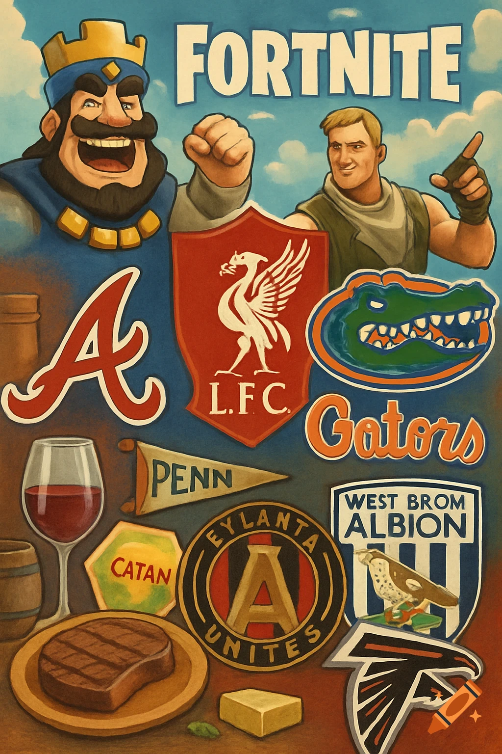 Poster featuring Clash Royale King, Fortnite character, and logos for ...