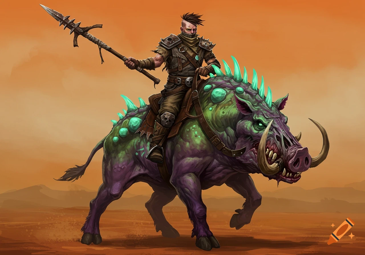 Post-apocalyptic raider rides a mutated boar creature in a desert ...