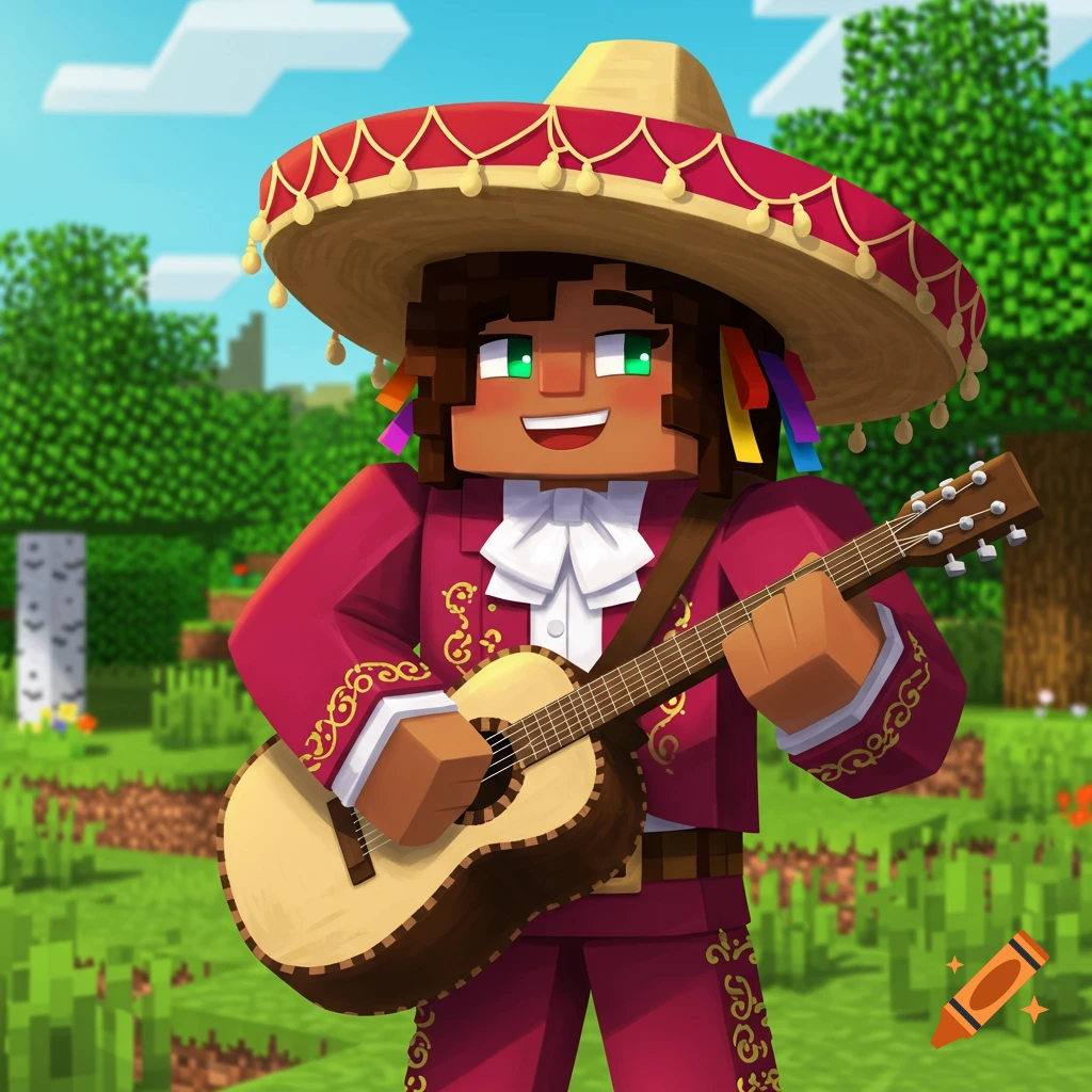 Blocky character in a red mariachi suit playing a guitar in a Minecraft ...