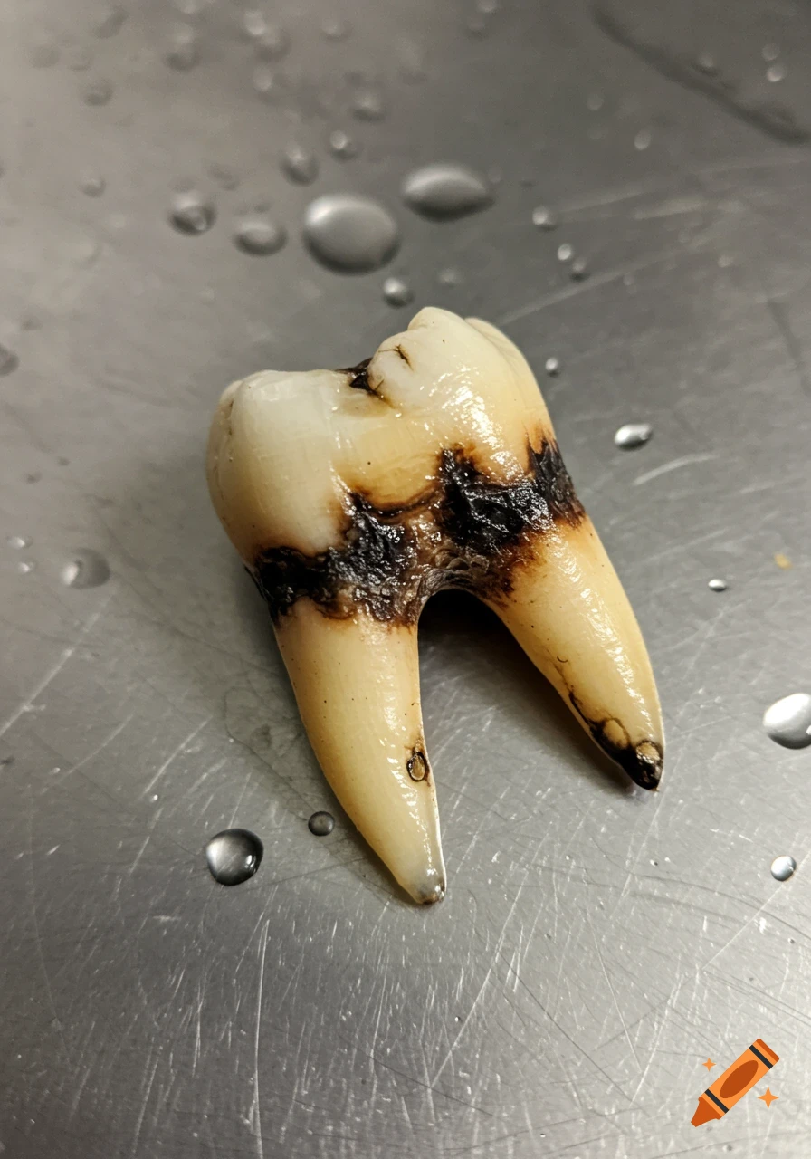 Close-up photo of a decayed human tooth lying on a wet metallic surface. on Craiyon