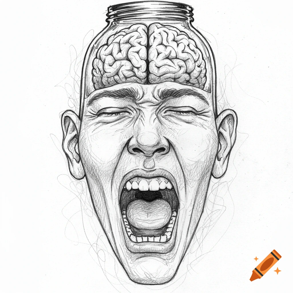 Pencil drawing of a screaming face with a brain in a glass jar on its ...