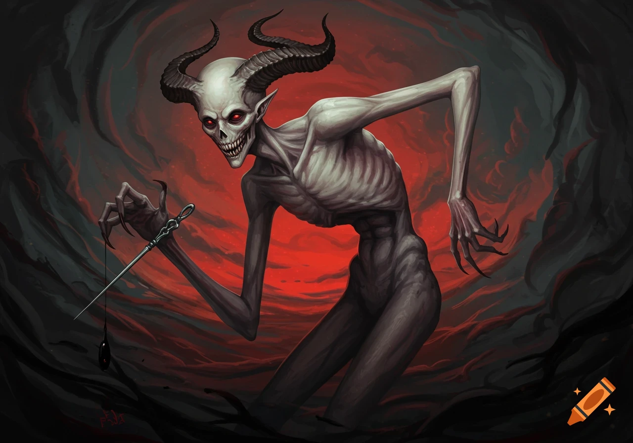 Skeletal demon with horns and red eyes holding a needle in a dark ...