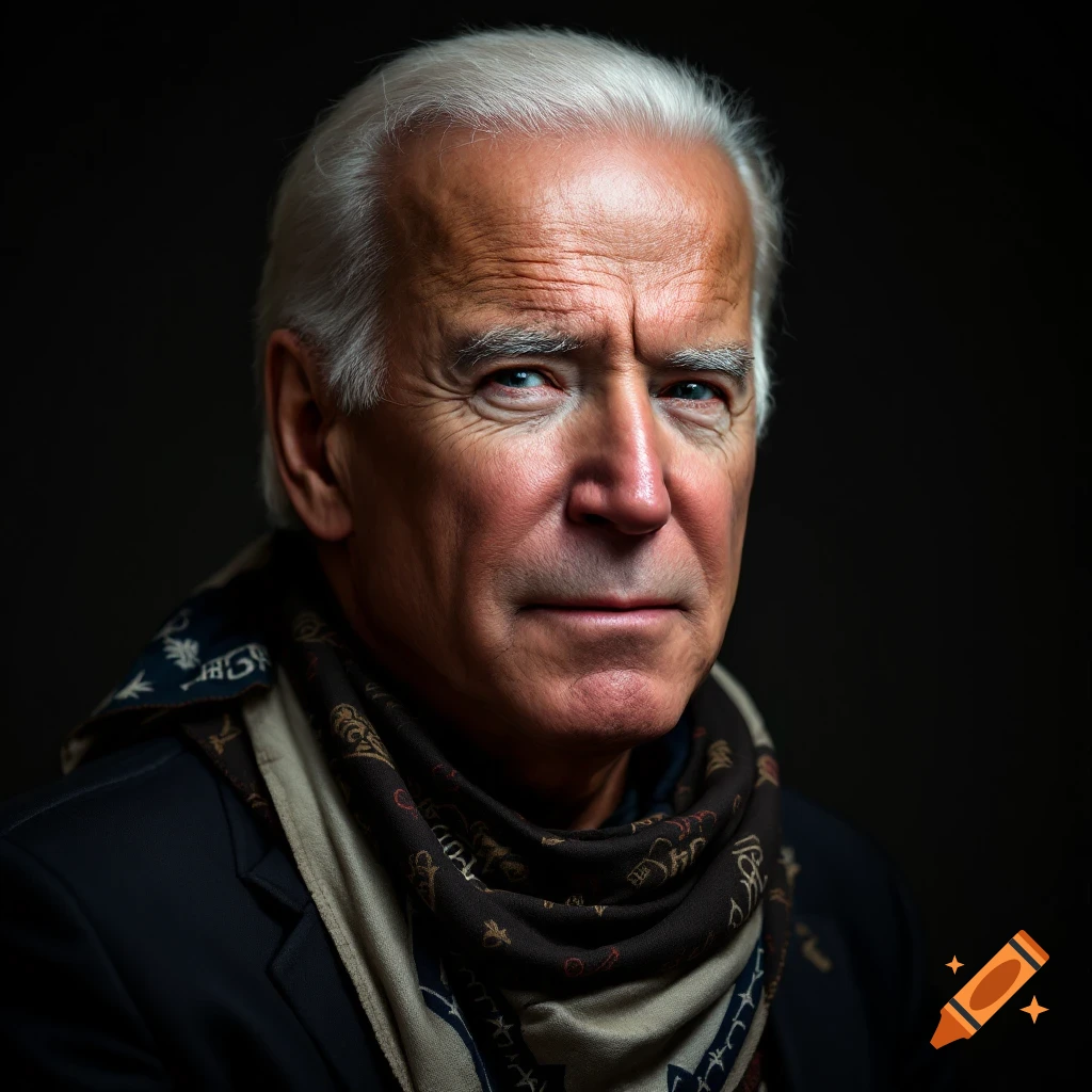 Realistic portrait of Joe Biden wearing a dark patterned scarf on Craiyon