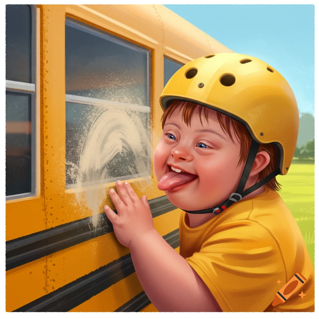 An illustration of a child wearing a yellow helmet licking a school bus ...
