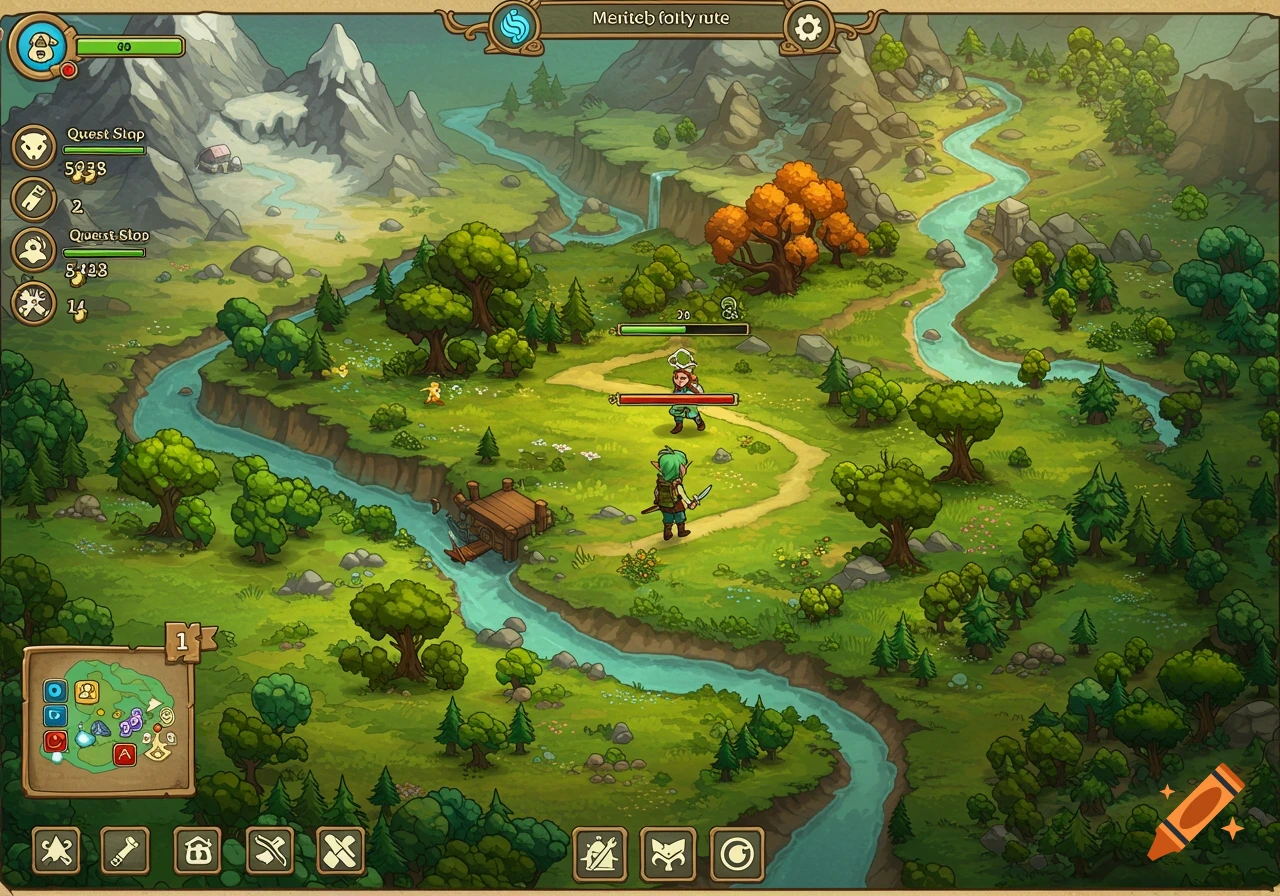 Top-down view of a fantasy game landscape with characters, river ...