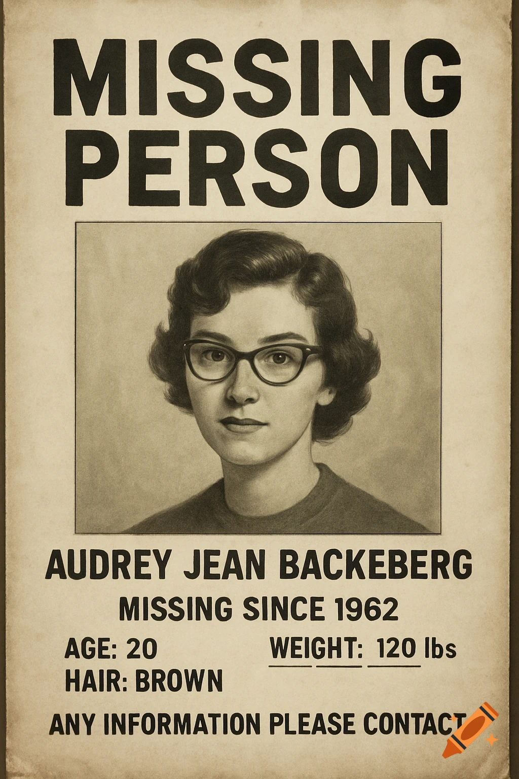 A vintage missing person poster with a portrait of a young woman. on ...