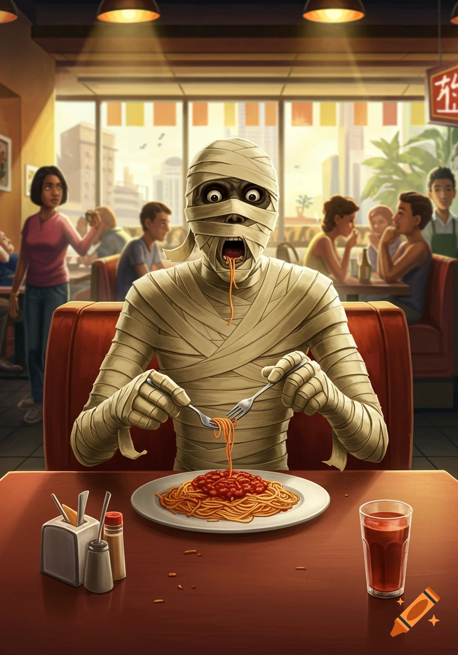 An illustration of a mummy eating spaghetti with a fork and spoon at a ...