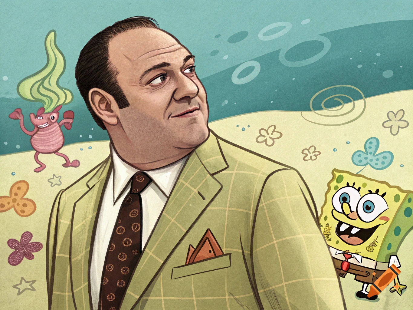 Tony Soprano in a suit stands with Spongebob Squarepants and a pink ...