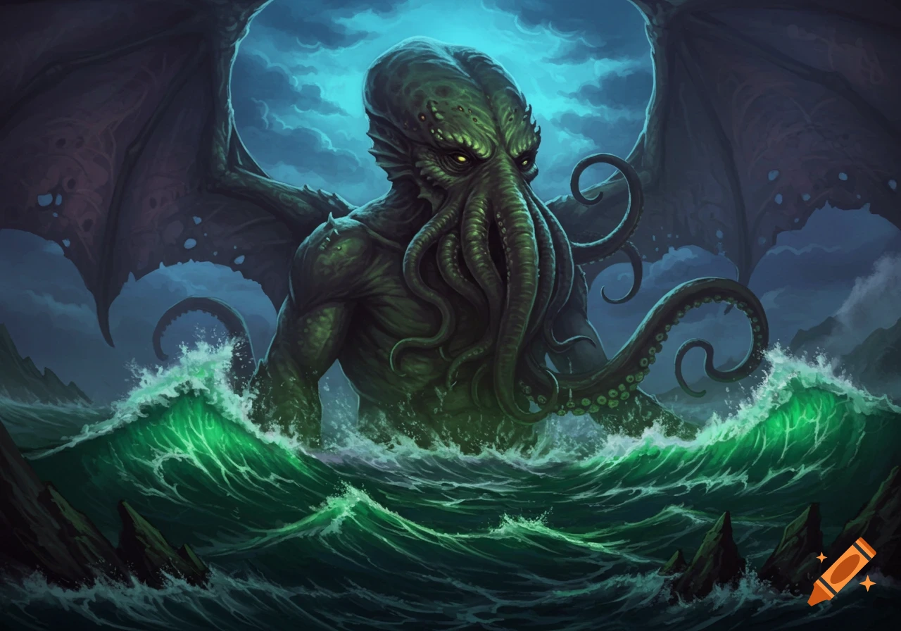 Cthulhu, a large green monster with tentacles and wings, rising from ...