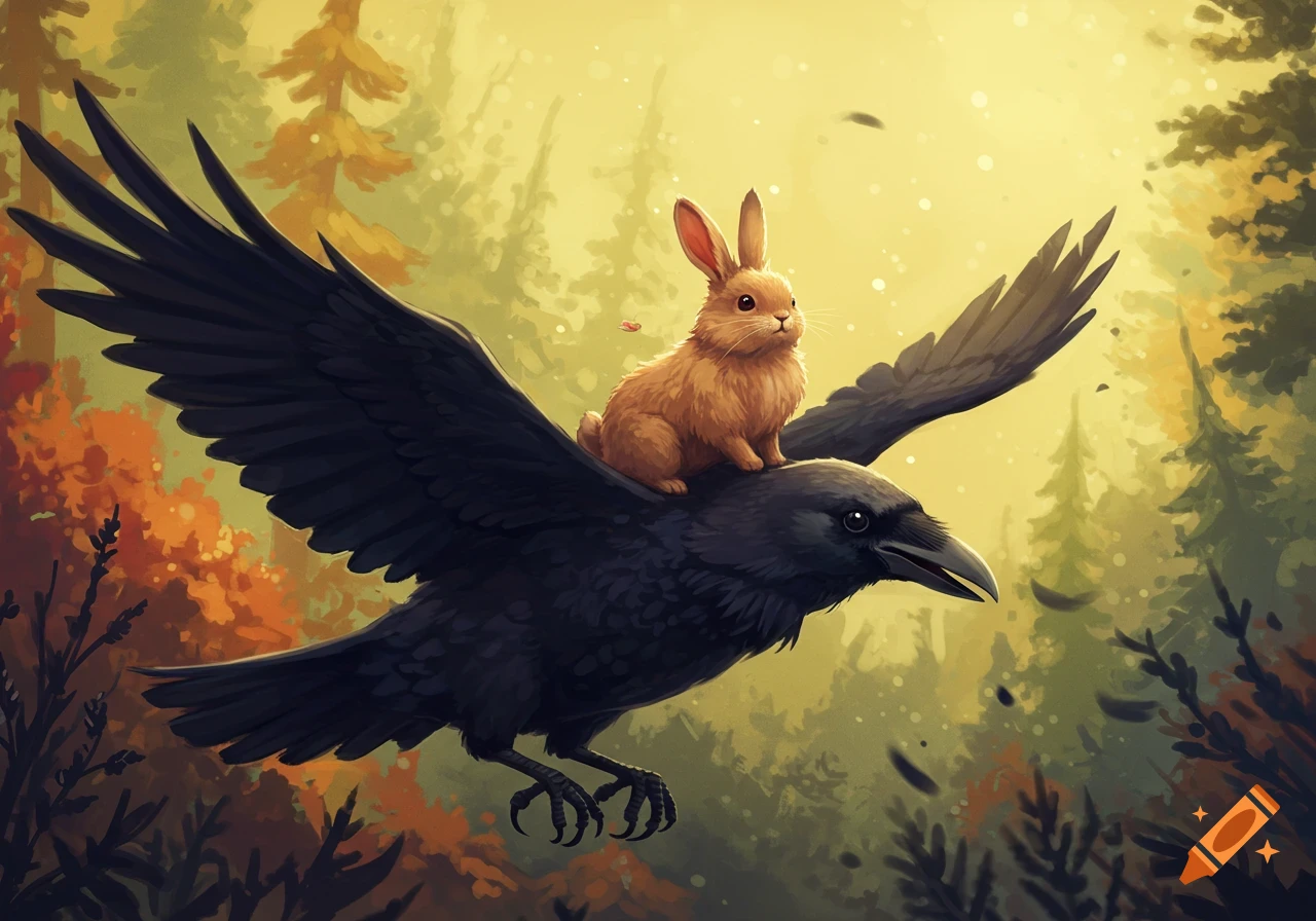 A cute rabbit rides a flying raven over a forest in an illustration. on ...