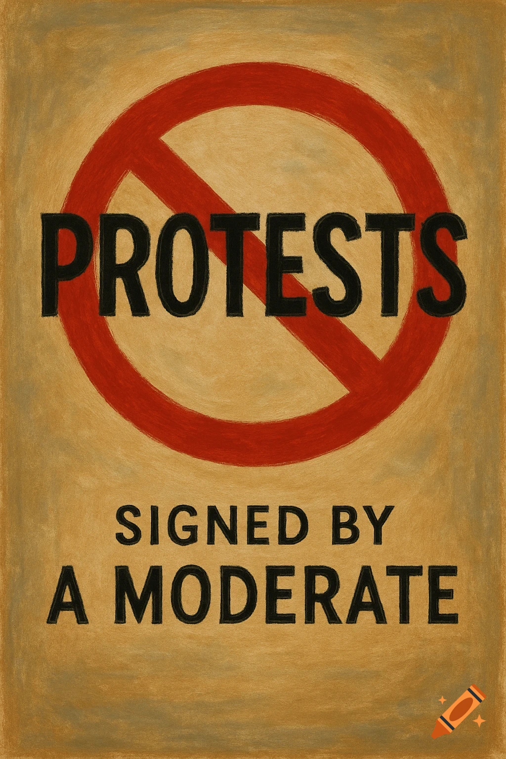 Poster with red no symbol over "PROTESTS" and text "SIGNED BY A ...