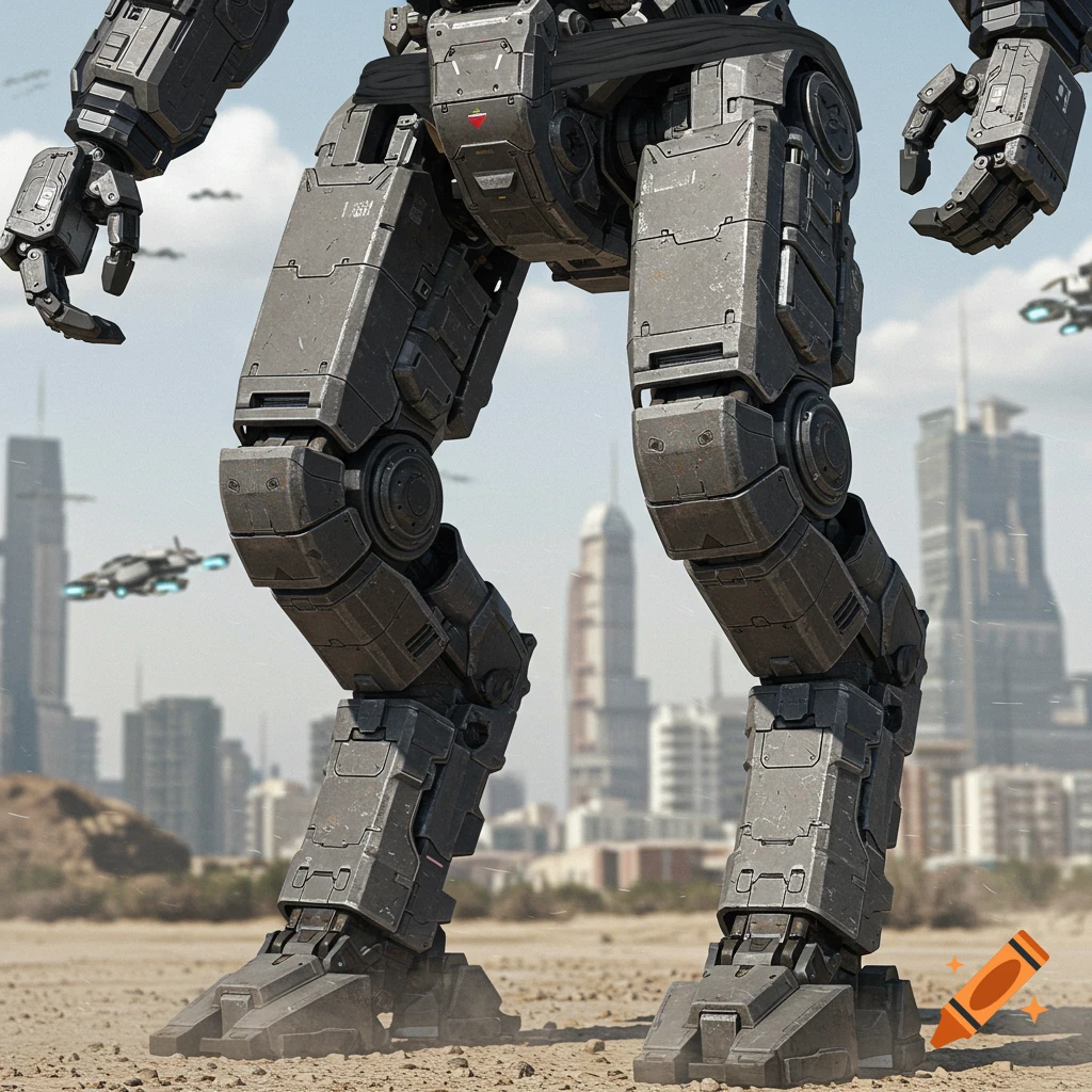 A large gray mech's legs and torso stand in a dusty landscape with ...