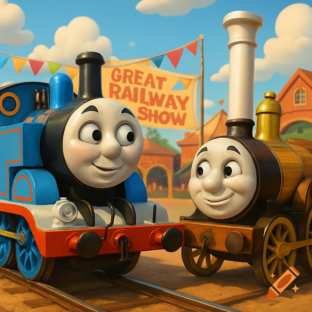 Two smiling animated trains, one blue and one yellow, at the Great ...