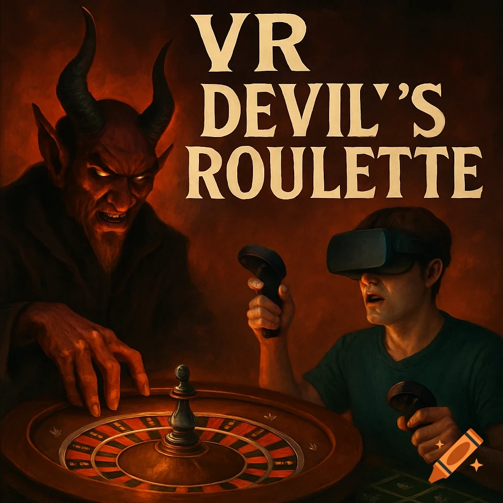 Illustration of a devil figure and a VR player with a roulette wheel ...
