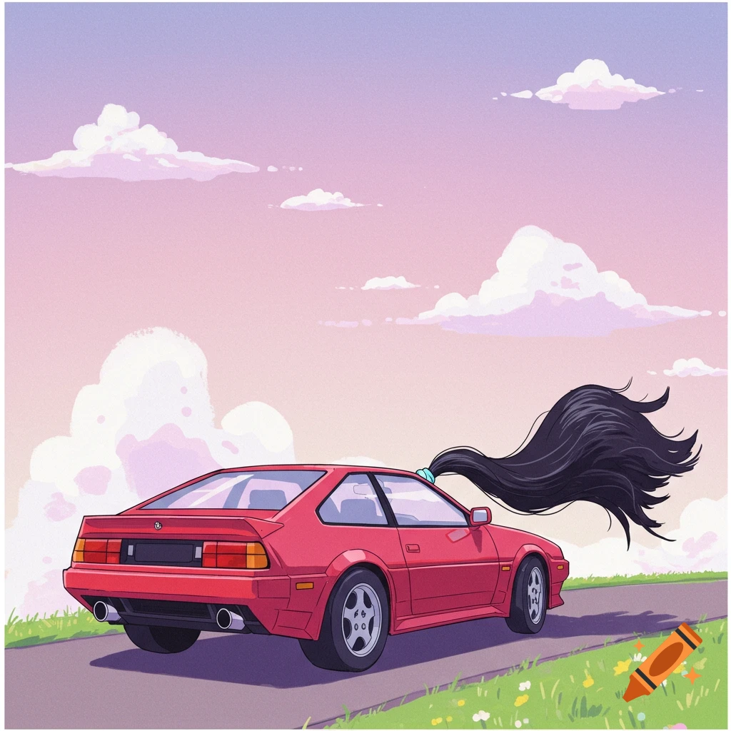 Anime illustration of a red sports car with a ponytail driving on a ...