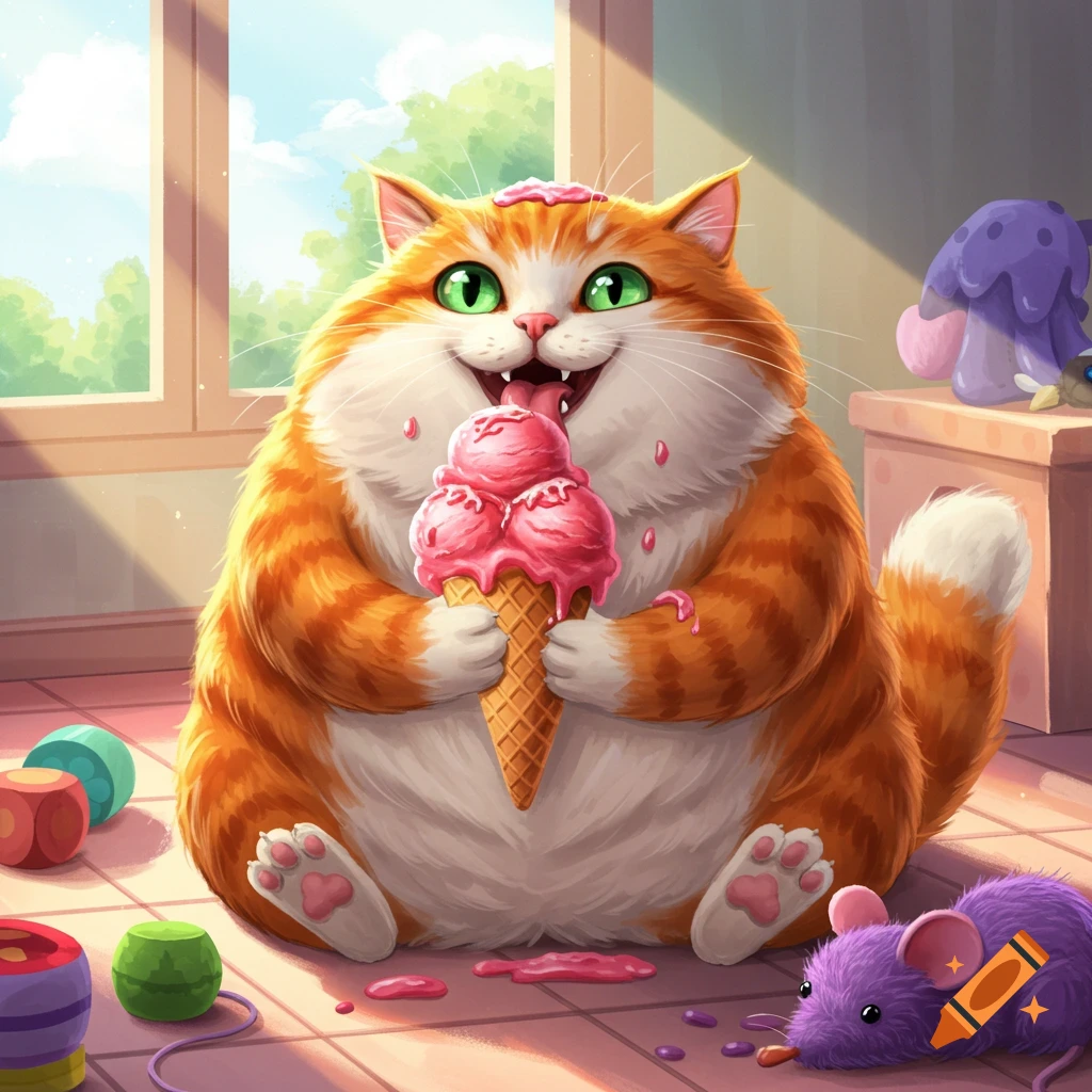 Cartoon illustration of a happy, fat orange cat eating a pink ice cream ...