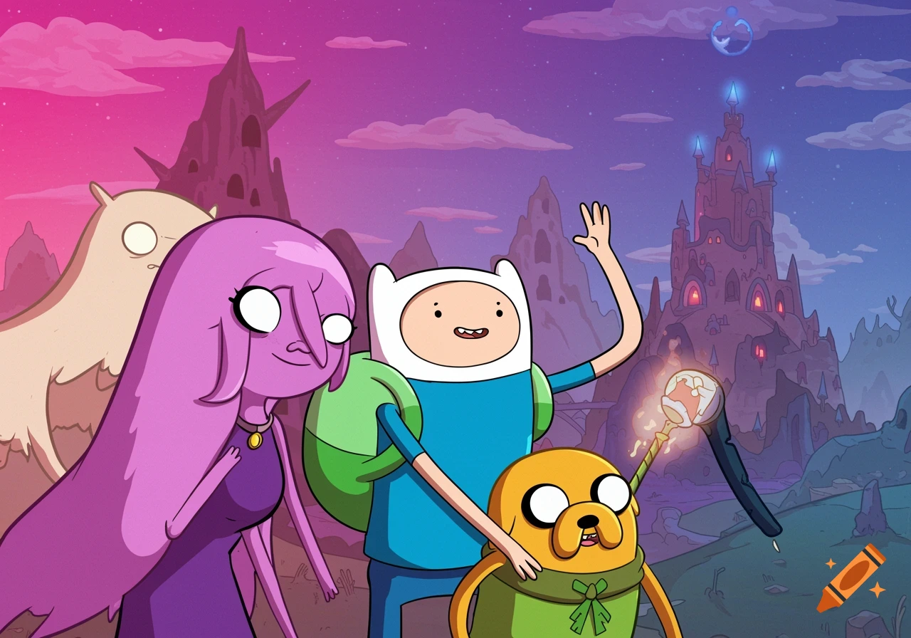 Adventure Time characters Finn, Jake, Princess Bubblegum, and another ...