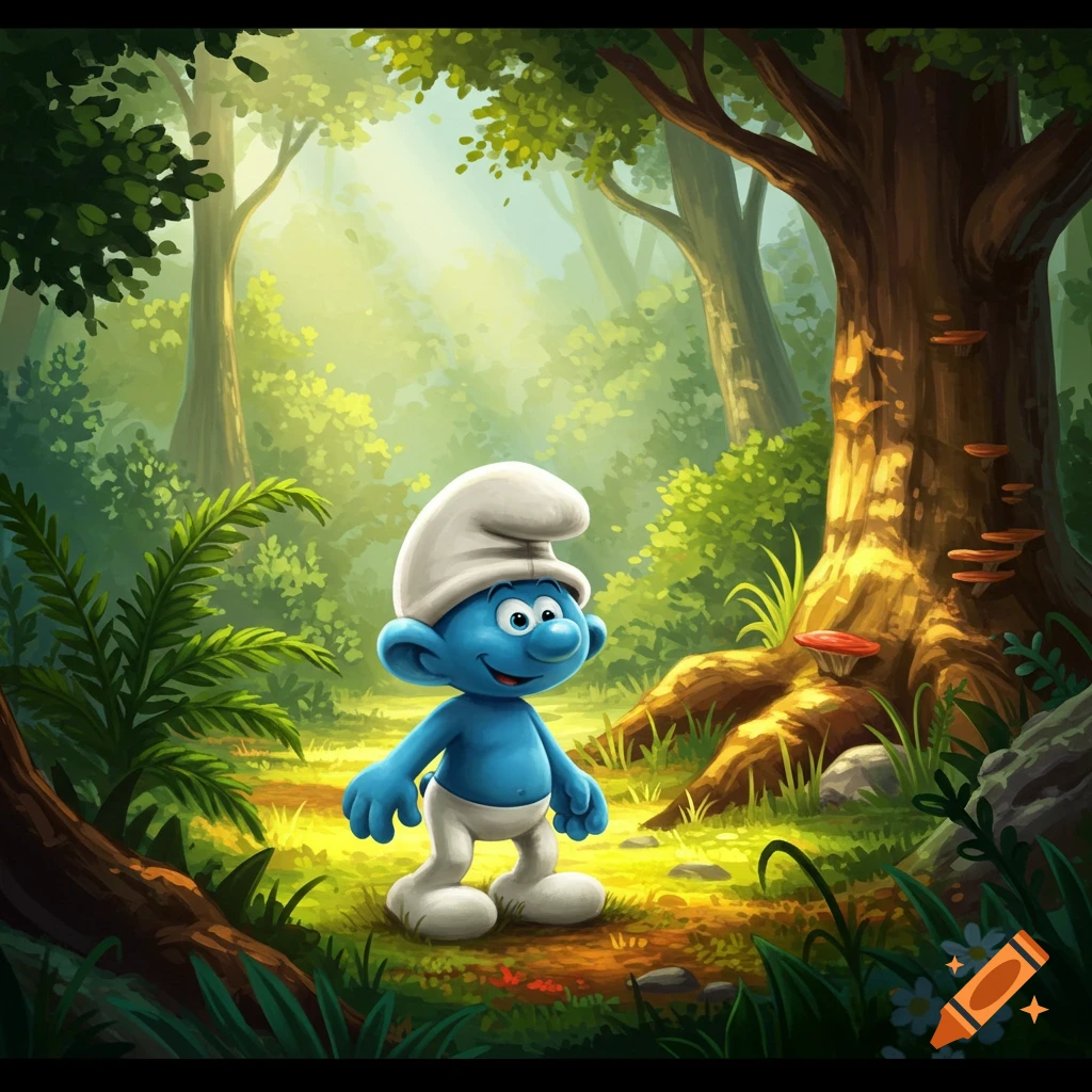 A cartoon Smurf stands in a sunny forest clearing. on Craiyon