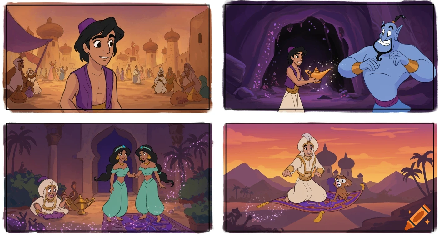 Simple cartoon storyboard showing scenes from Disney's Aladdin ...