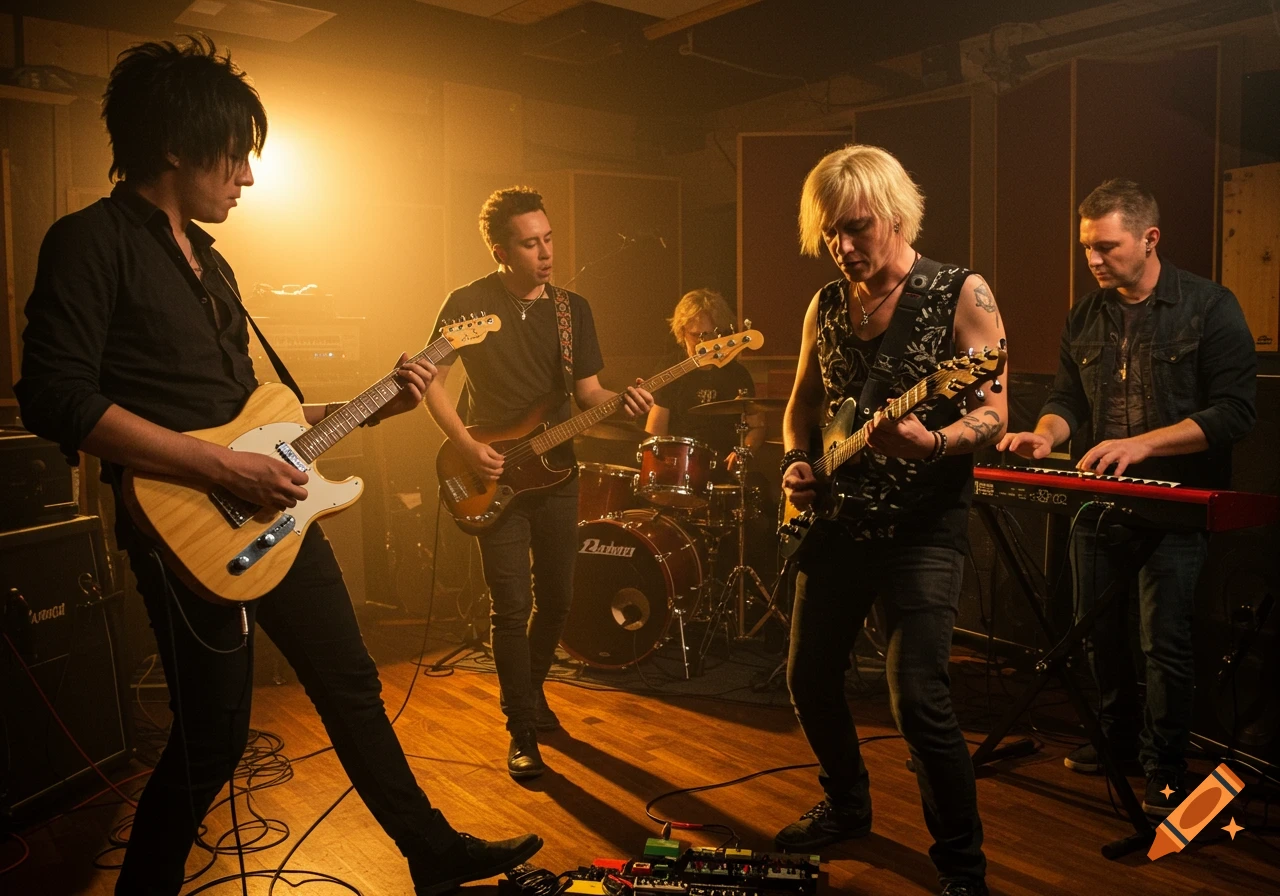 Four musicians play guitar, bass, drums, and keyboard in a recording ...