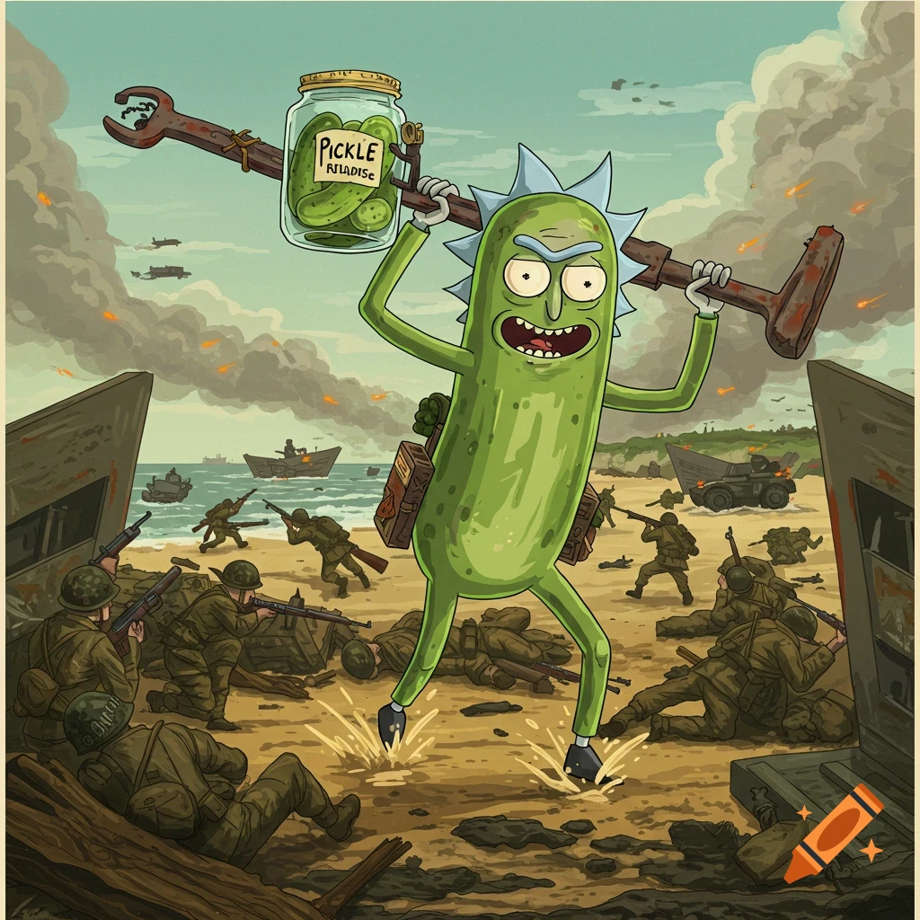 Pickle Rick charges onto a battle-scarred beach, wielding a jar and ...