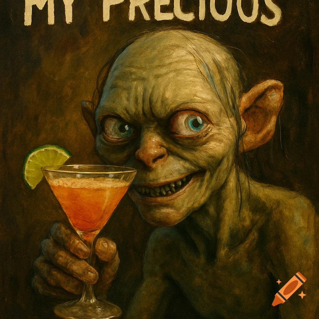 Painting of Gollum holding a cocktail under the text 'MY PRECIOUS'. on ...