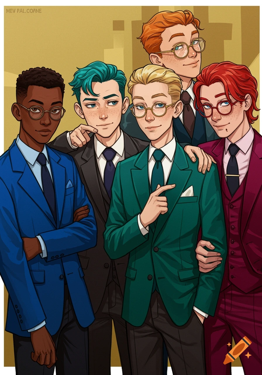 Five young men in colorful suits pose together in a cartoon ...