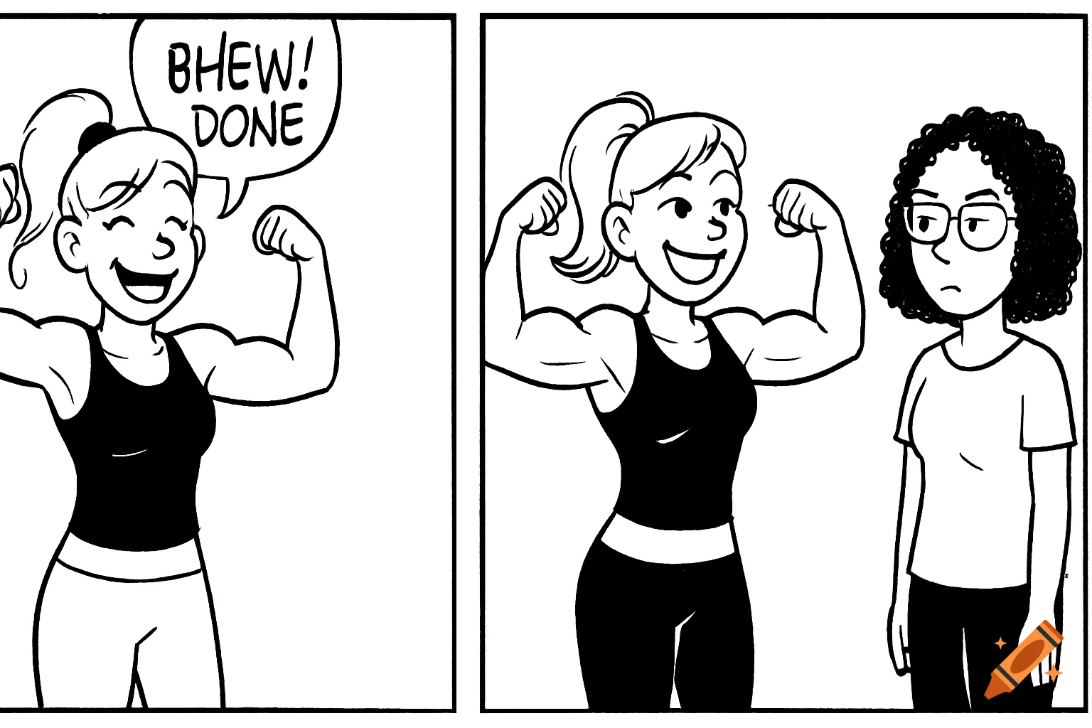 A two-panel black and white comic strip. In the first, a woman in ...