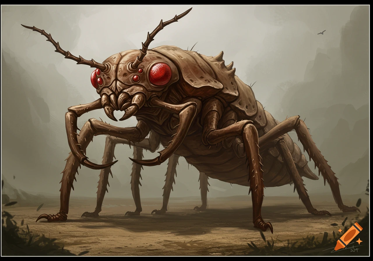 An illustration of a large brown insectoid creature with red eyes and ...