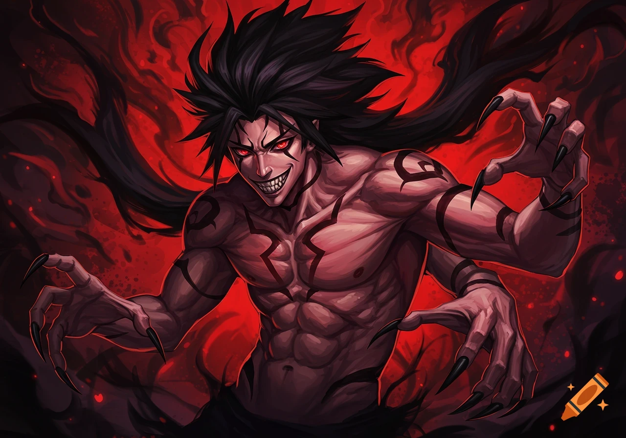 Demonic anime character with multiple arms, claws, sharp teeth, red ...