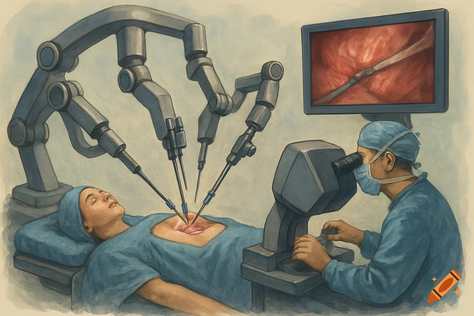 Illustration of robotic surgery being performed on a patient, with a ...