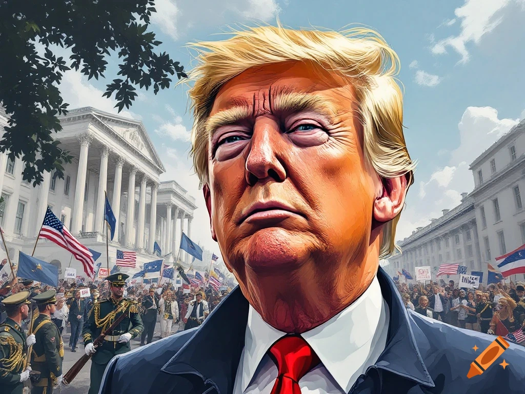 Stylized portrait of Donald Trump with a crowd, flags, buildings, and ...