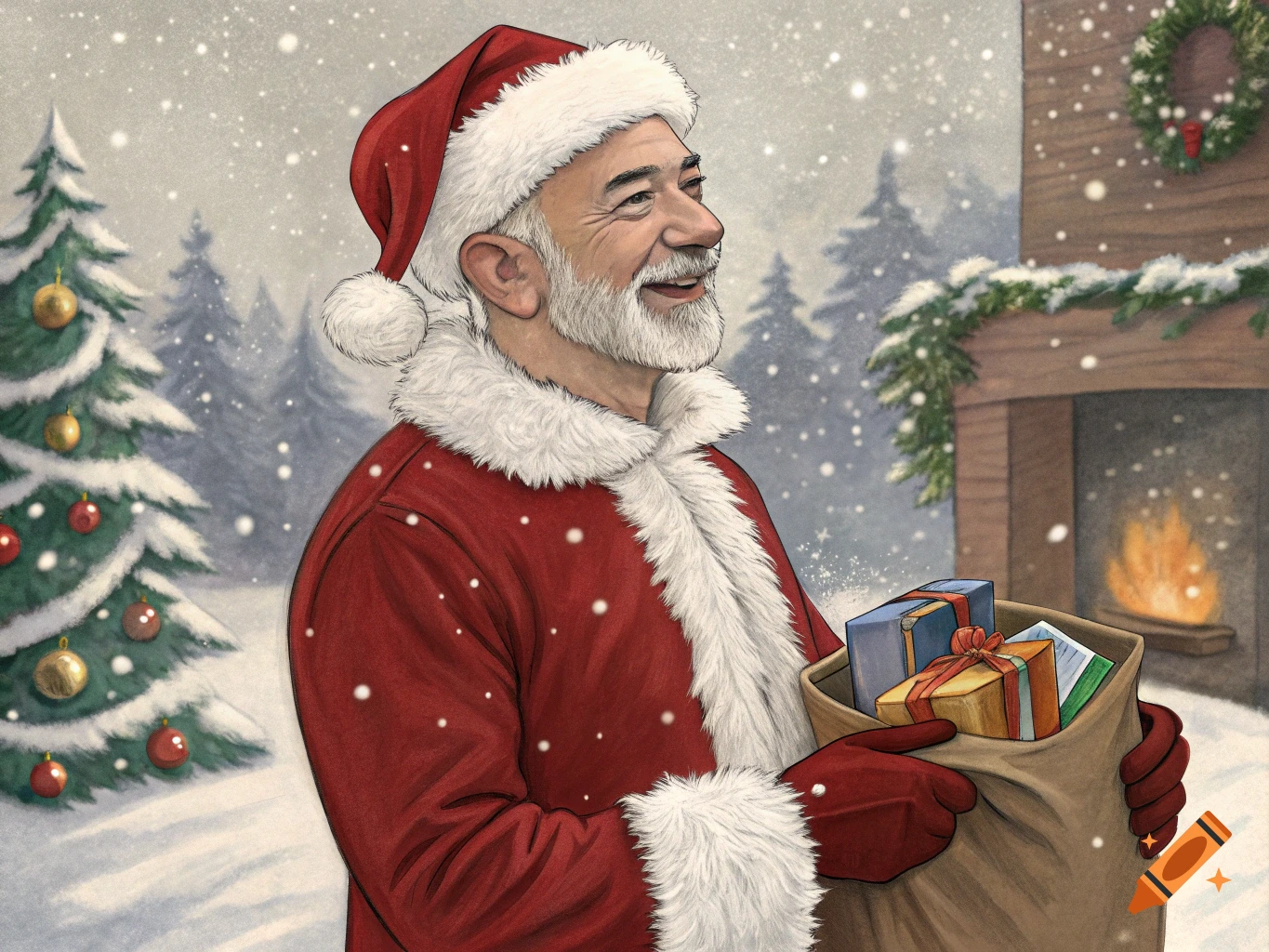 Illustration of a man resembling Jeff Bezos dressed as Santa Claus ...