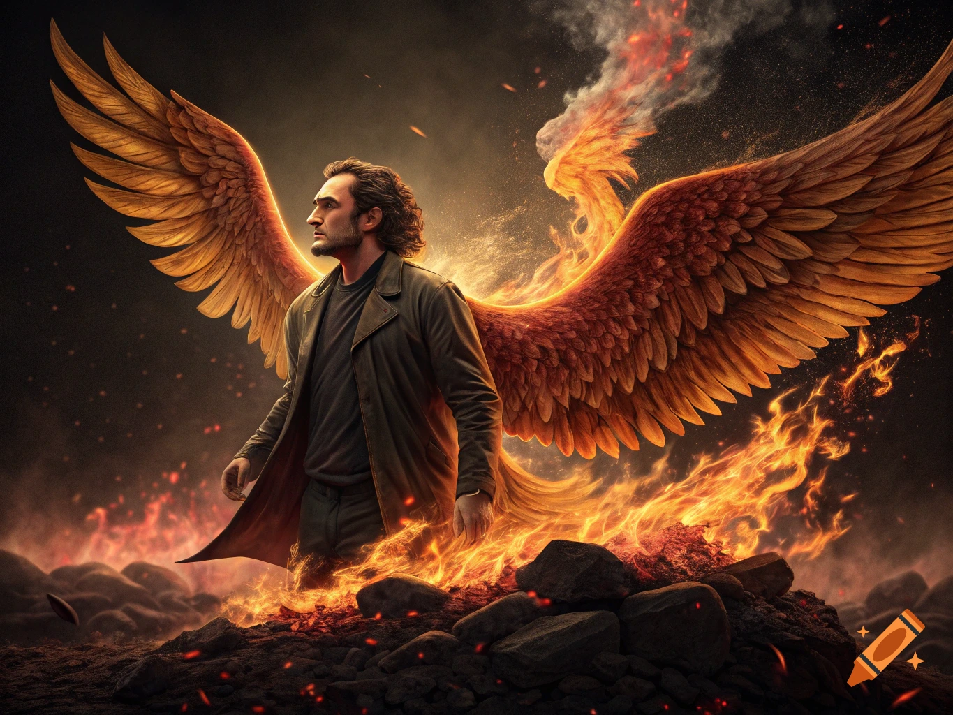 Man with fiery phoenix wings stands in a landscape of fire and ash. on ...