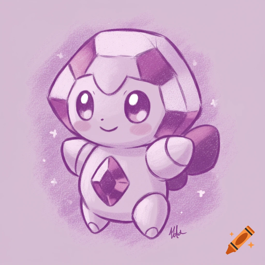 Cute purple crayon sketch of a gem-like Pokemon character. on Craiyon